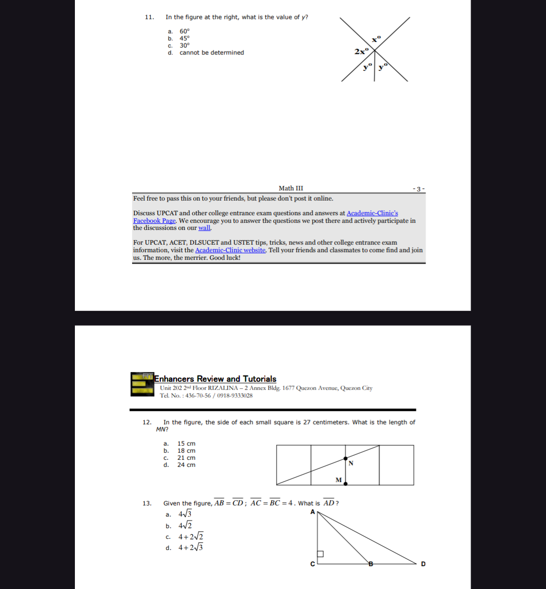 In the figure at the right, what is the value of y? a. 60° b. 45° c. 30°..