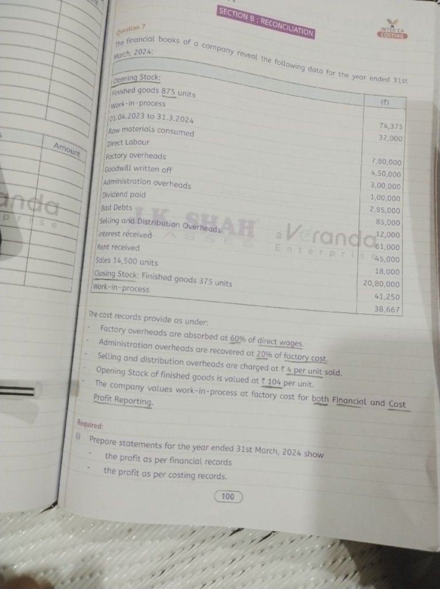 The financial books of a company reveal the following data for the year e..