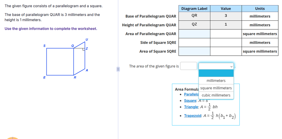 The given figure consists of a parallelogram and a square. The base of pa..