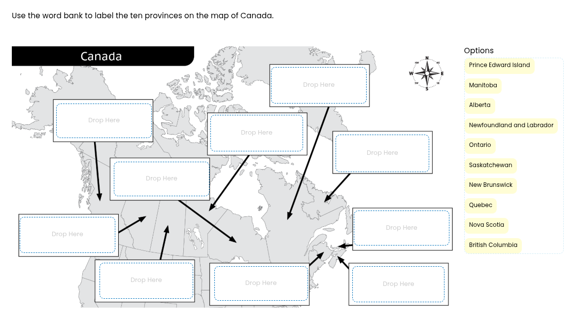 Use the word bank to label the ten provinces on the map of Canada. Optio..
