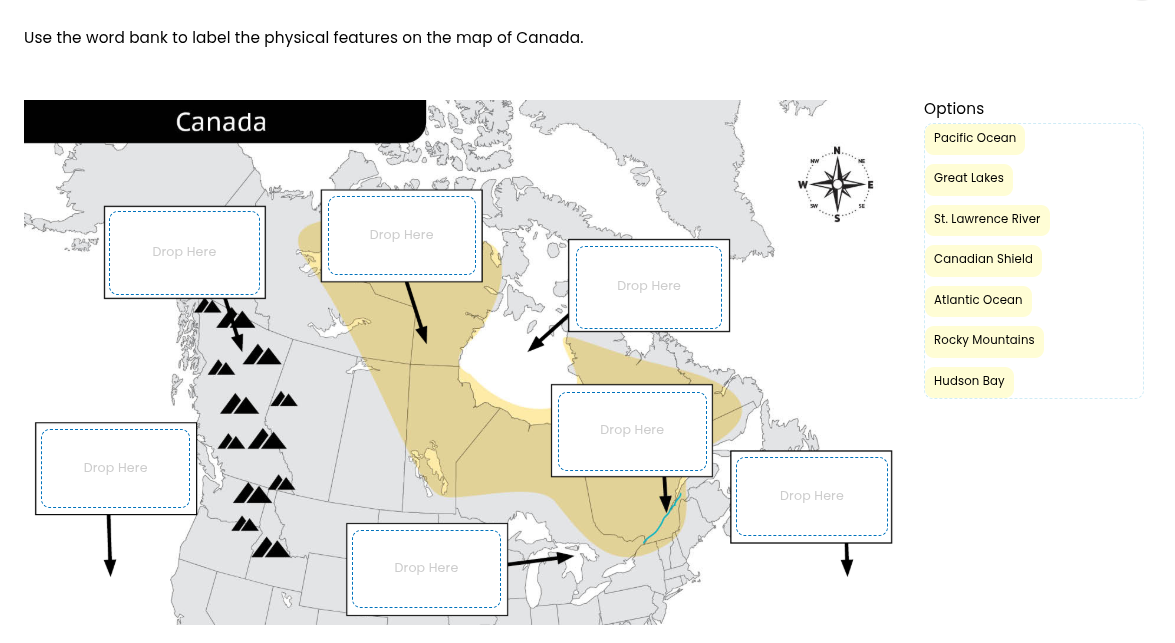 Use the word bank to label the physical features on the map of Canada. O..