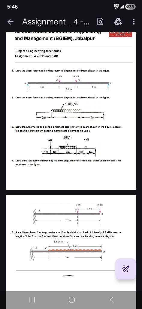 Assignment: 4 - SFD and BMD Draw the shear force and bending moment diag..