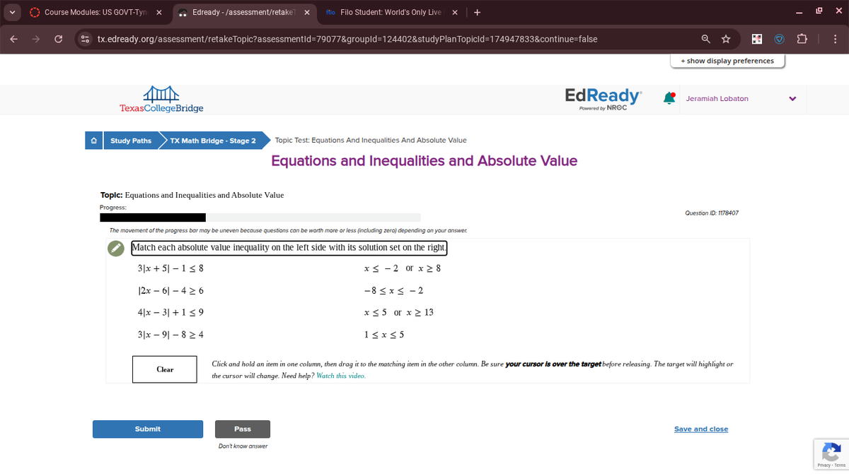Match each absolute value inequality on the left side with its solution s..