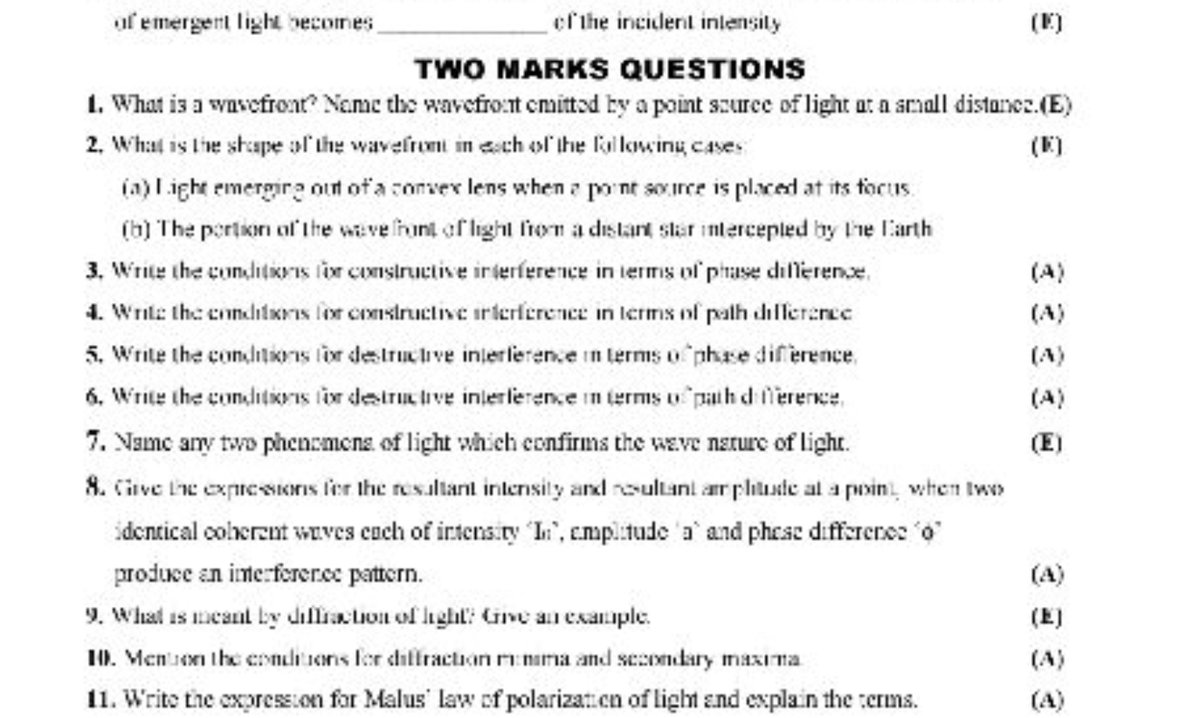 TWO MARKS QUESTIONS What is a wavefront? Name the wavefront emitted by a..