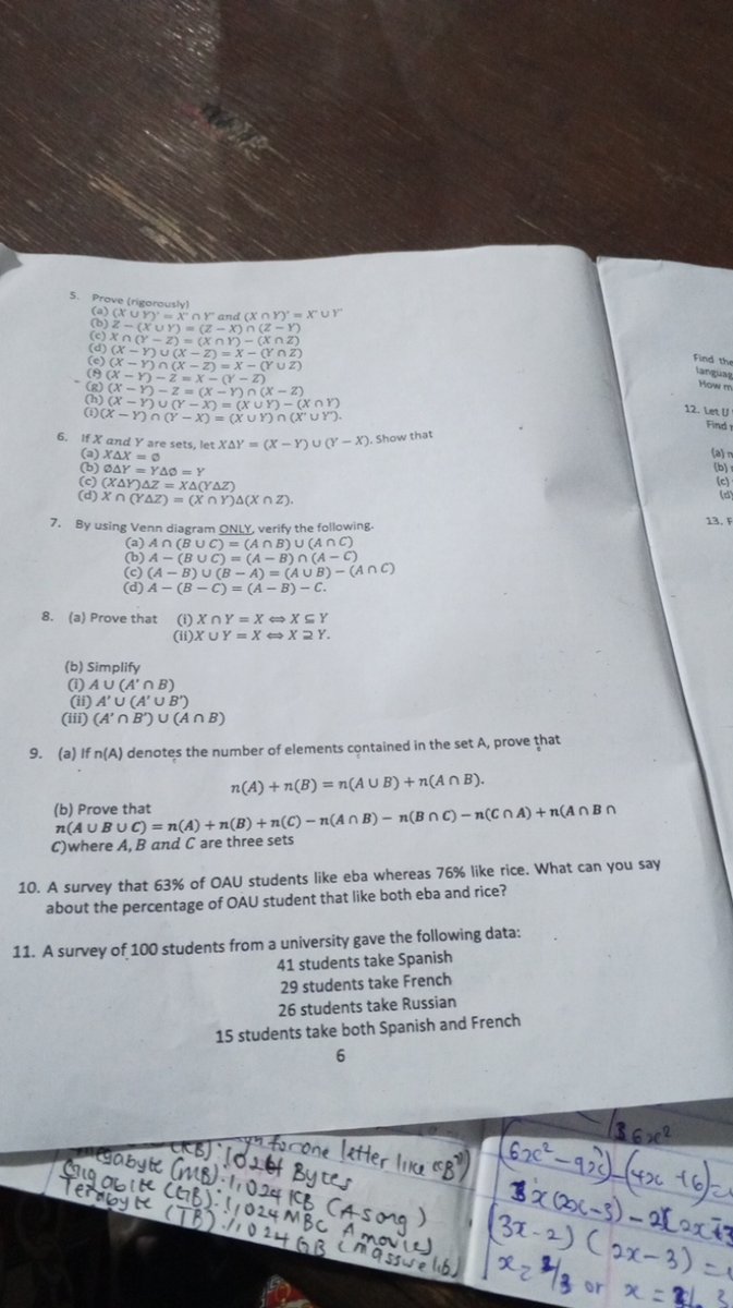 Prove (rigorously): (a) (X \cup Y)' = X' \cap Y' and (X \cap Y)' = X'