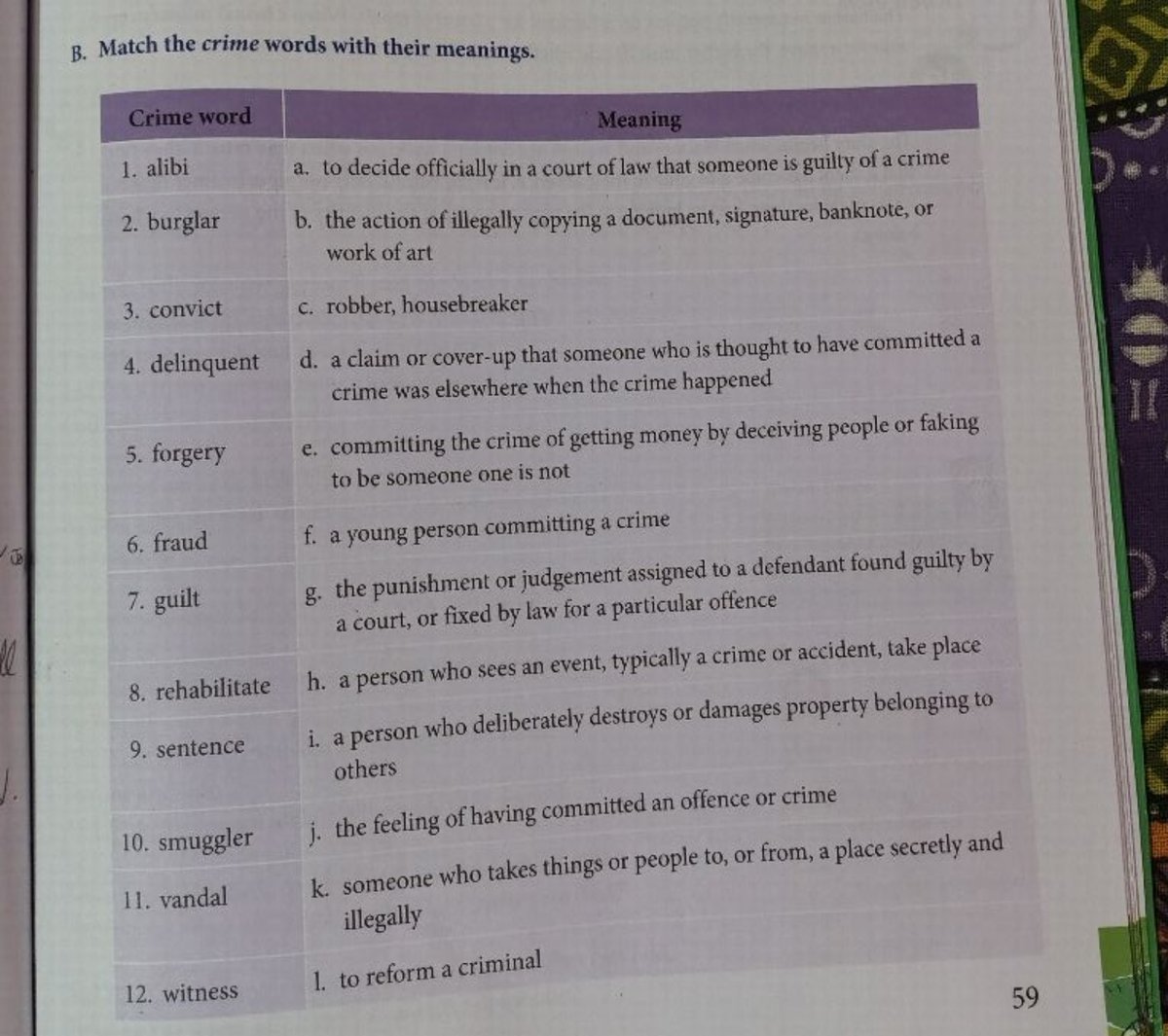 B. Match the crime words with their meanings. Crime word alibi burglar c..