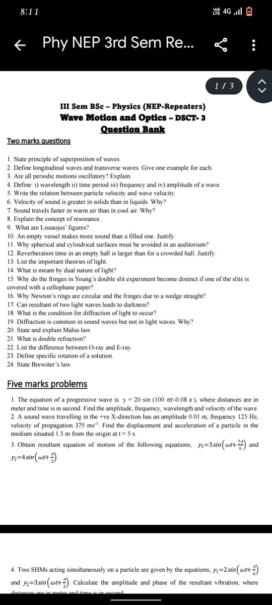 Here is a question bank for III Sem BSc - Physics (NEP-Repeaters) Wave Mo..
