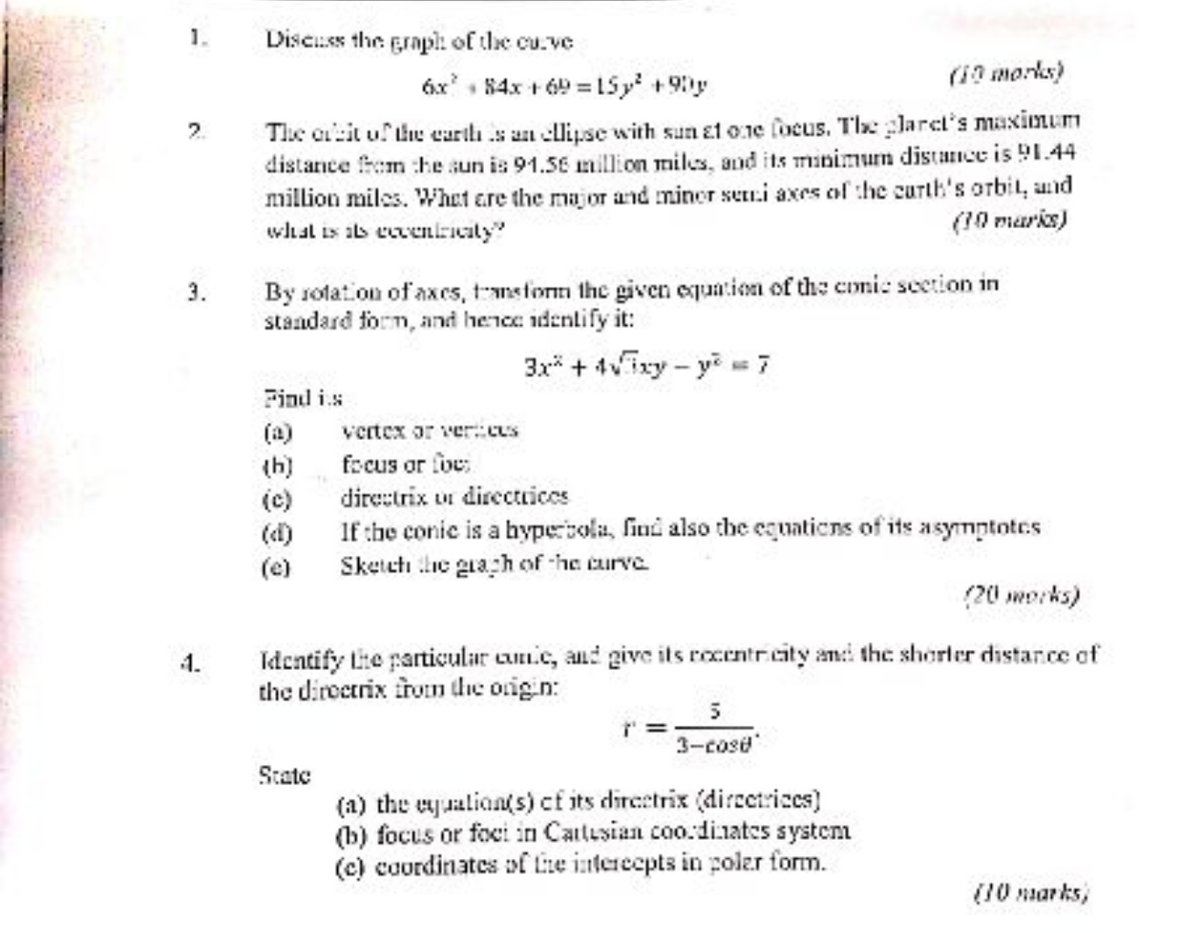 Discuss the graph of the curve: 6x^2 + 84x + 69 = 15y^2 + 90y (10 m..