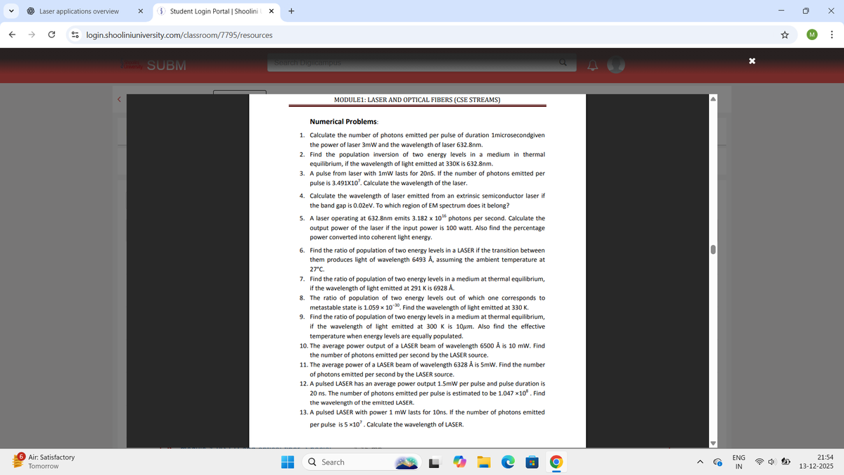 MODULE1: LASER AND OPTICAL FIBERS (CSE STREAMS) Numerical Problems: Cal..