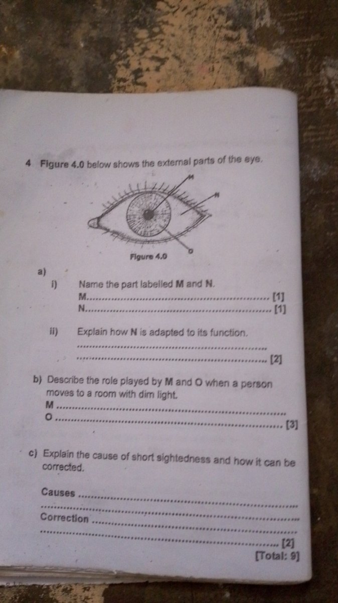 Figure 4.0 below shows the external parts of the eye. a) i) Name the par..