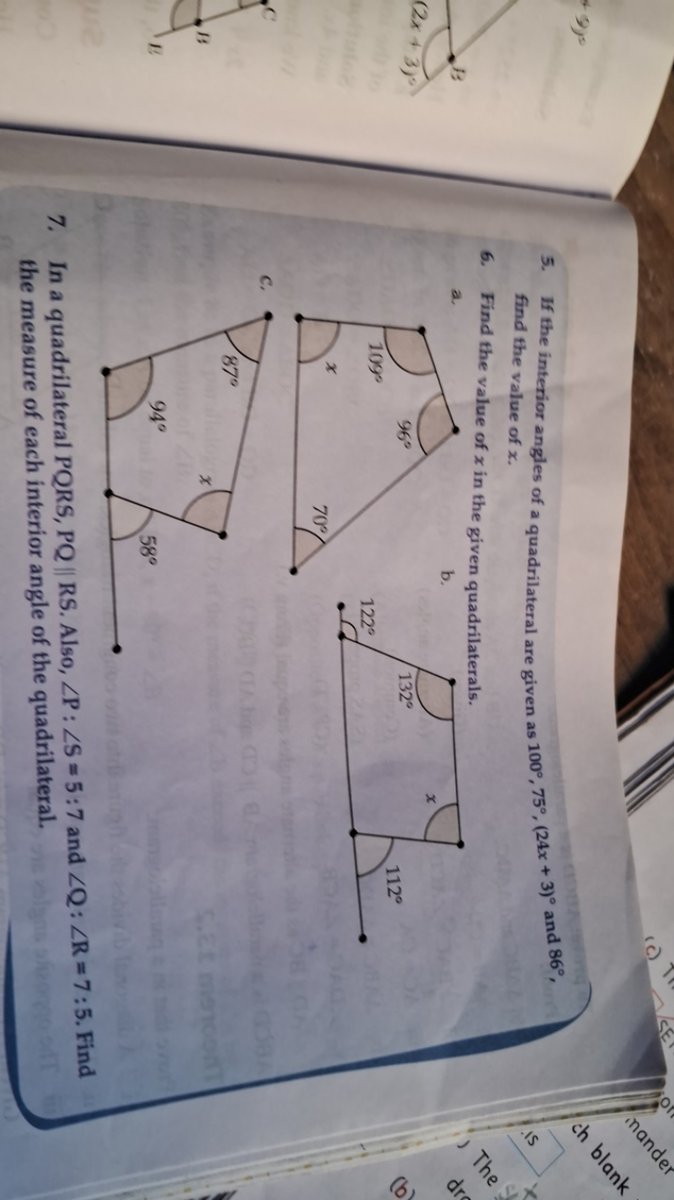 If the interior angles of a quadrilateral are given as 100°, 75°, (24x