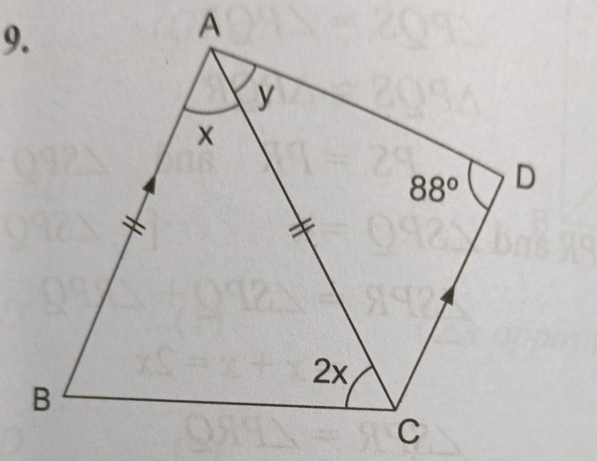 The image shows a quadrilateral ABCD with various angles and side marking..