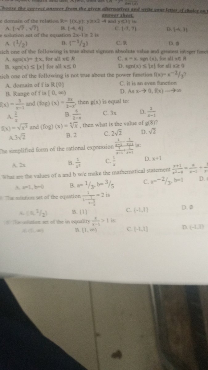 The domain of the relation R= {(x,y): y≥x^2-4 and y≤3} is: A. [-√7, √7) B..