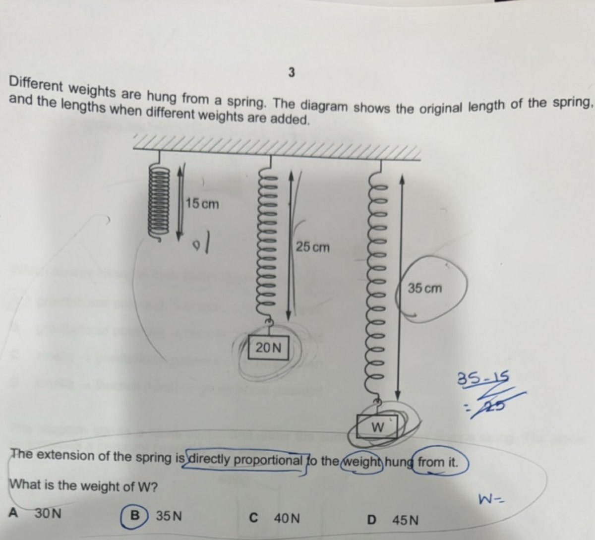 Different weights are hung from a spring. The diagram shows the original