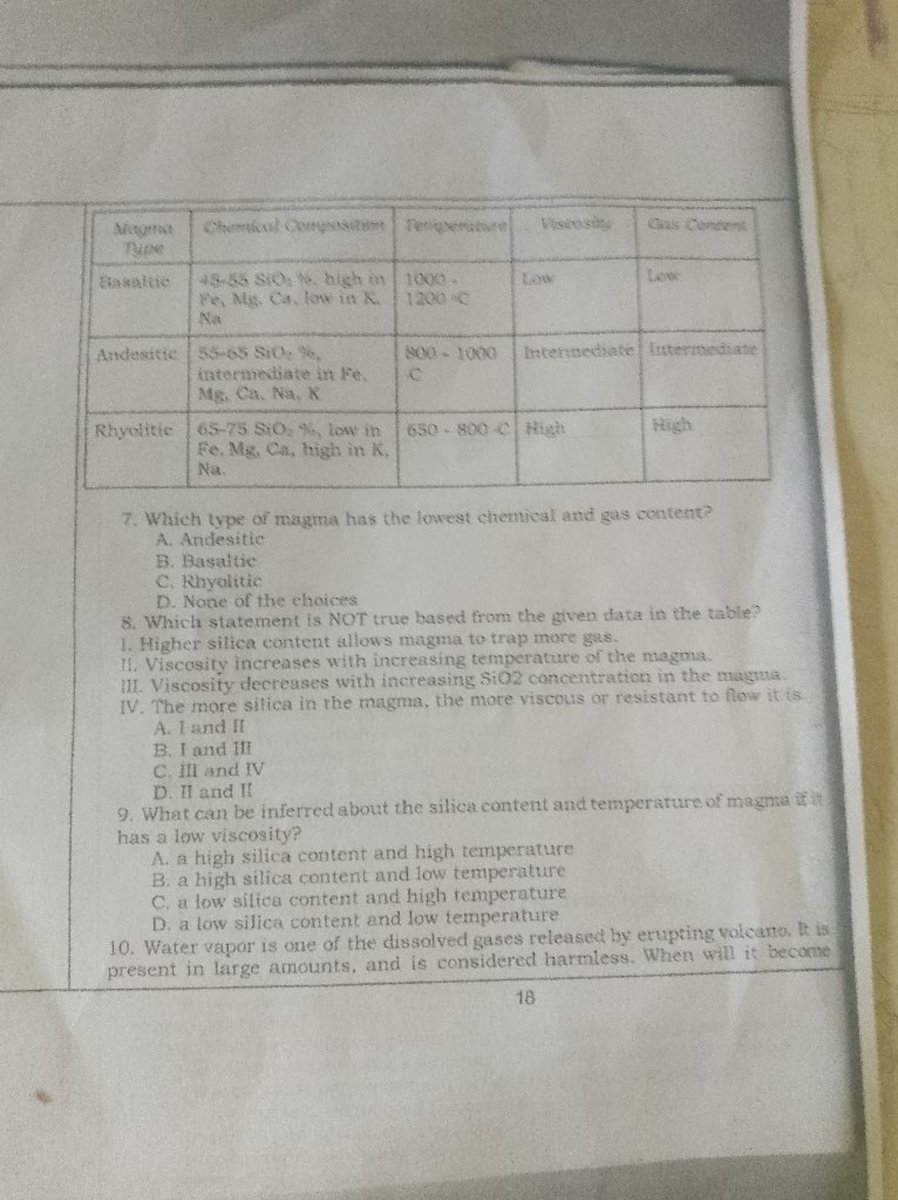 Here are the questions based on the provided table: Table: Magma Propert..