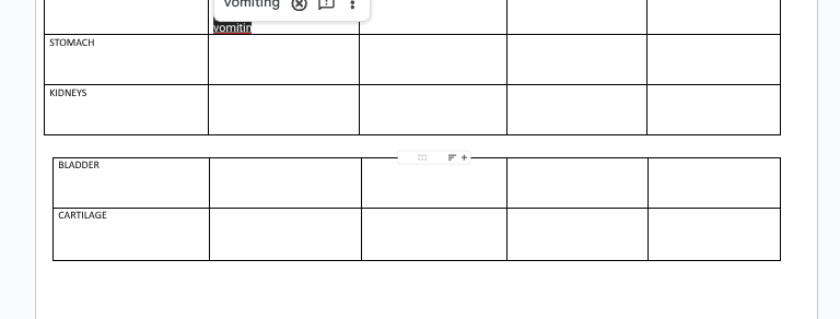 The image shows a table with rows labeled "STOMACH", "KIDNEYS", "BLADDER"..