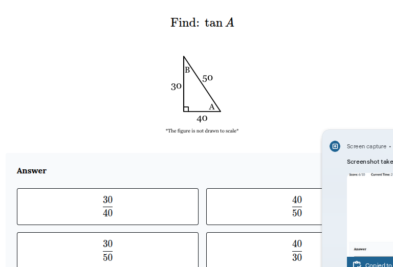 Find: tan A (Diagram of a right-angled triangle with sides 30, 40, and 5..