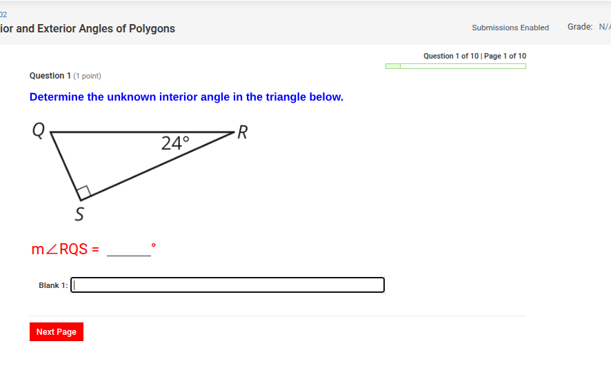 Determine the unknown interior angle in the triangle below. Given a righ..