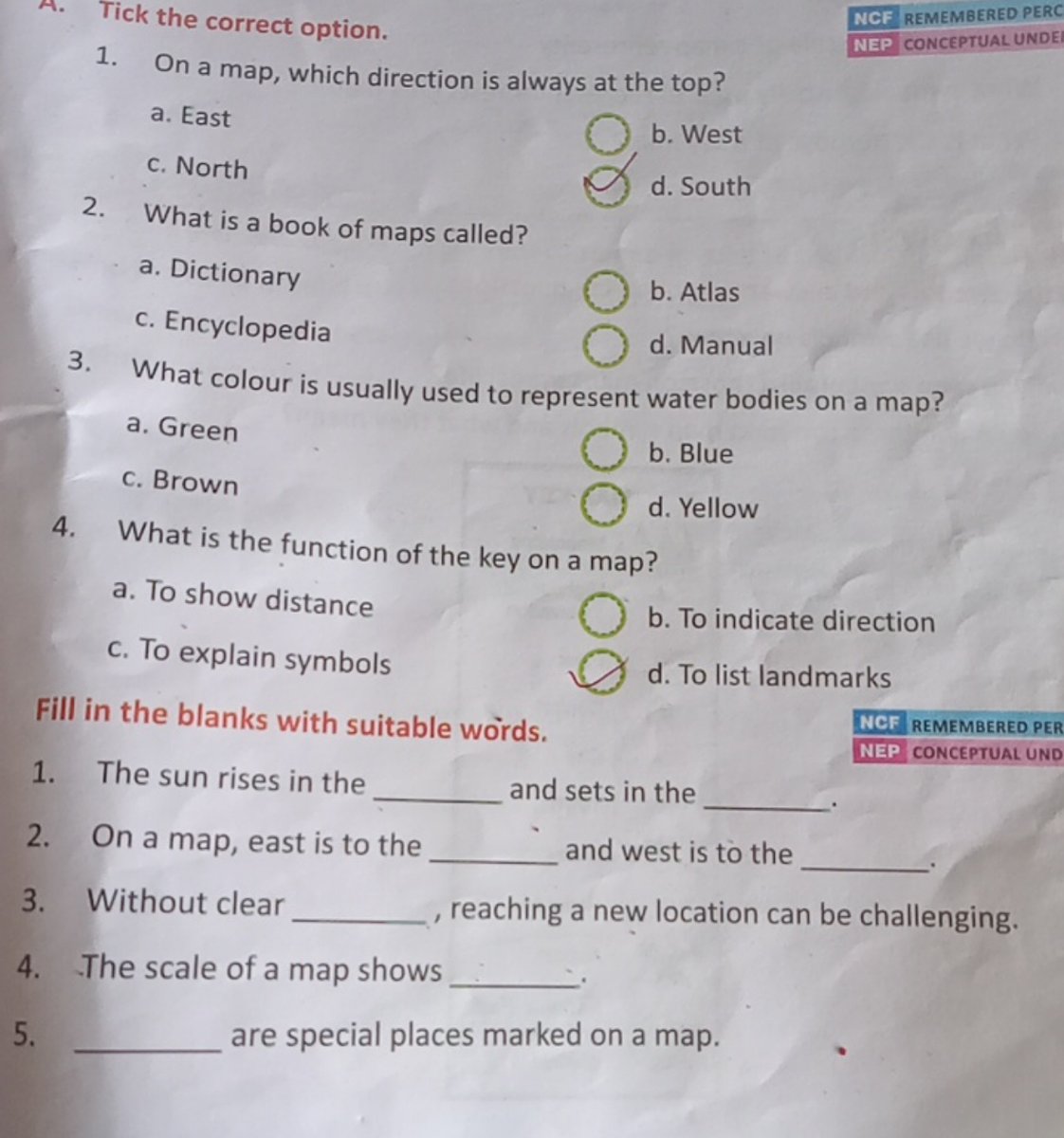 Tick the correct option. On a map, which direction is always at the top?..