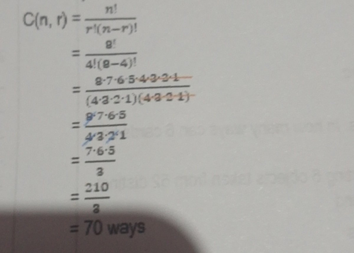 The image shows the calculation for a combination problem. It starts with..