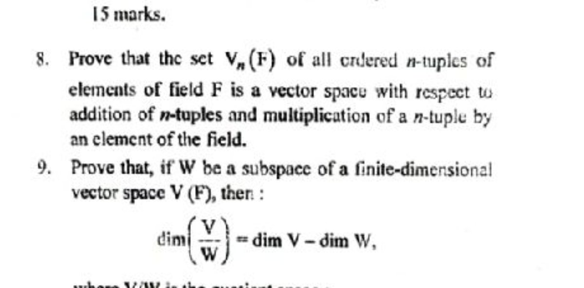 Prove that the set V_n(F) of all ordered n-tuples of elements of field F