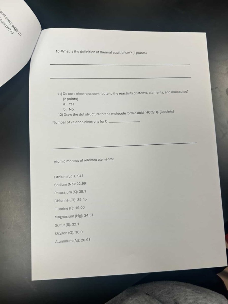 10) What is the definition of thermal equilibrium? (3 points) 11) Do cor..