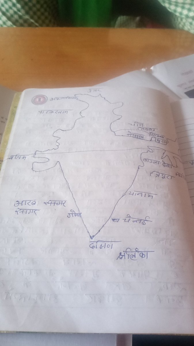 The image shows a hand-drawn map of India and its neighboring countries.