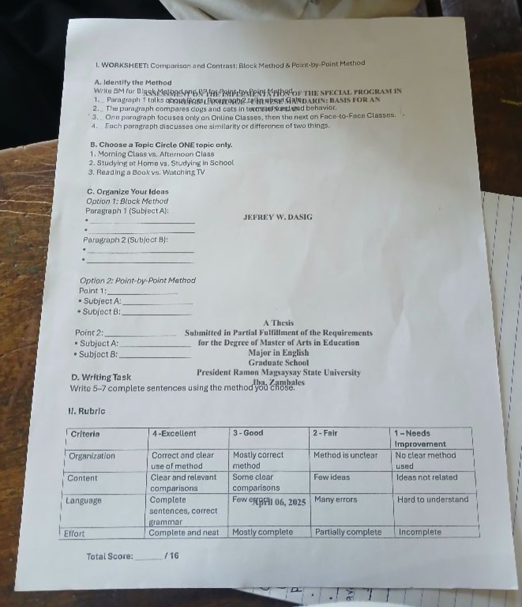 I. WORKSHEET: Comparison and Contrast: Block Method & Point-by-Point Meth..