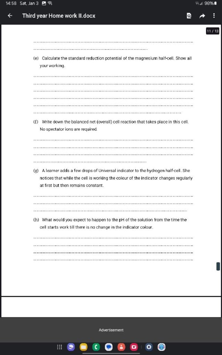 (e) Calculate the standard reduction potential of the magnesium half-cell..