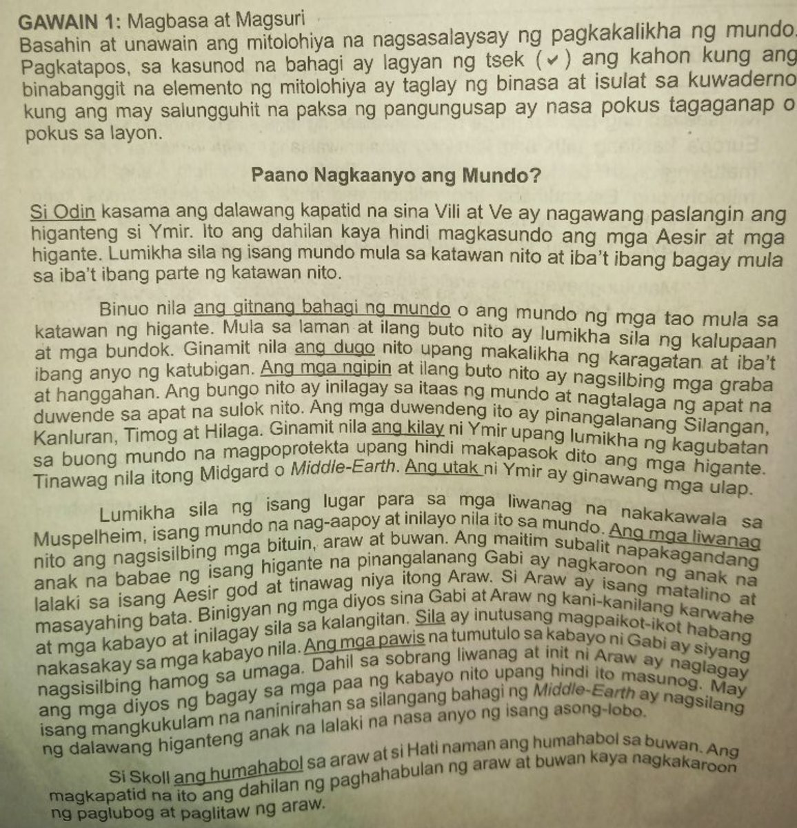 GAWAIN 1: Magbasa at Magsuri Basahin at unawain ang mitolohiya na nagsas..