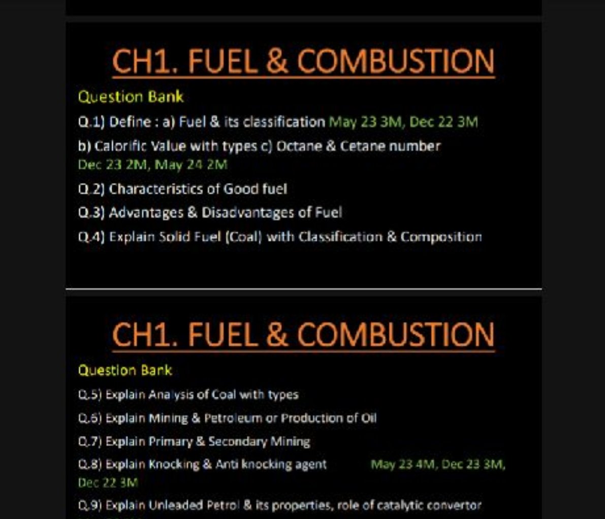 CH1. FUEL & COMBUSTION Question Bank Q.1) Define: a) Fuel & its classif..