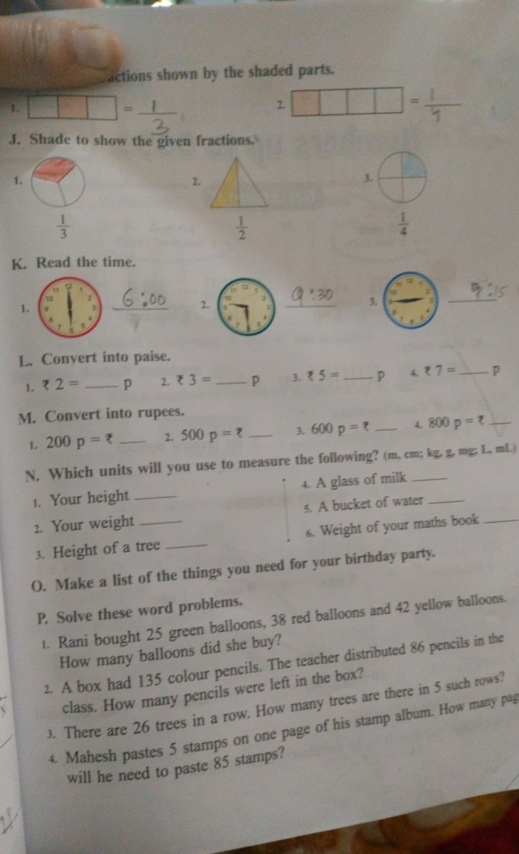 Here are several math problems: J. Shade to show the given fractions. A