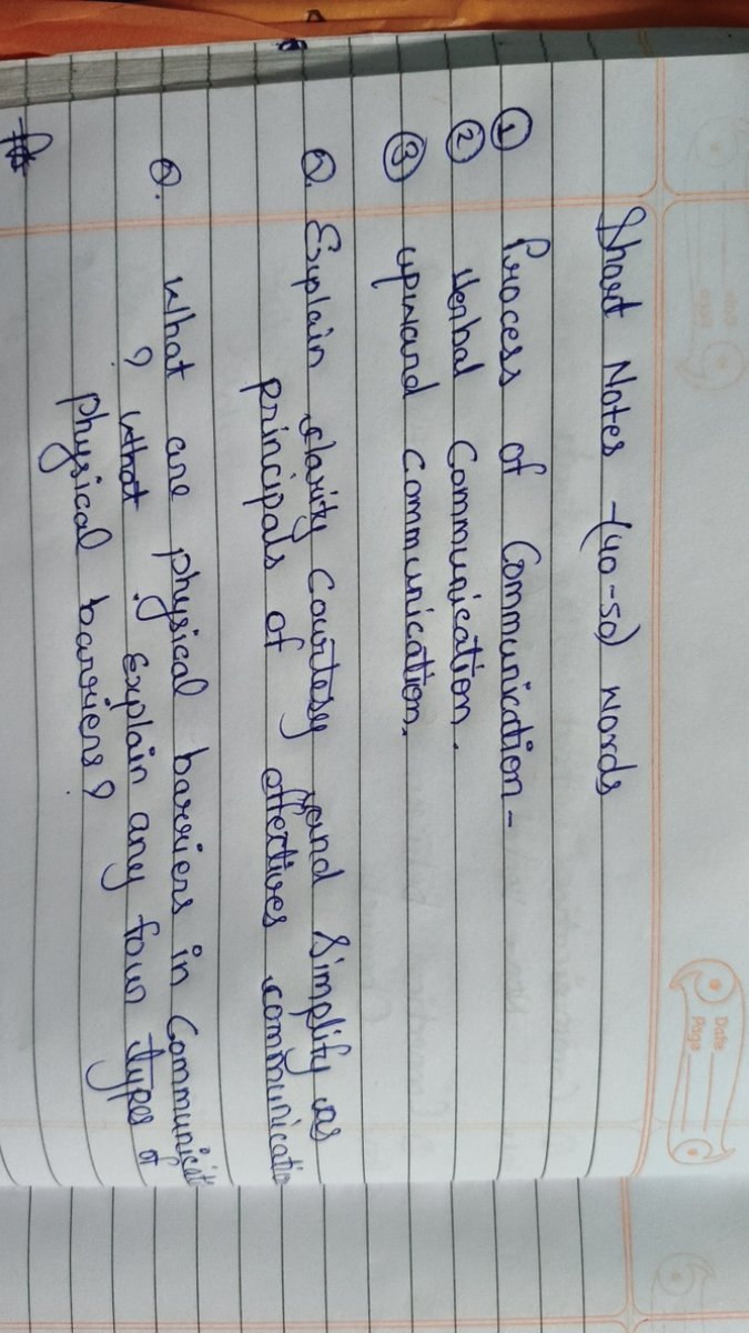 Short Notes (40-50 words) Process of Communication Verbal Communication U..