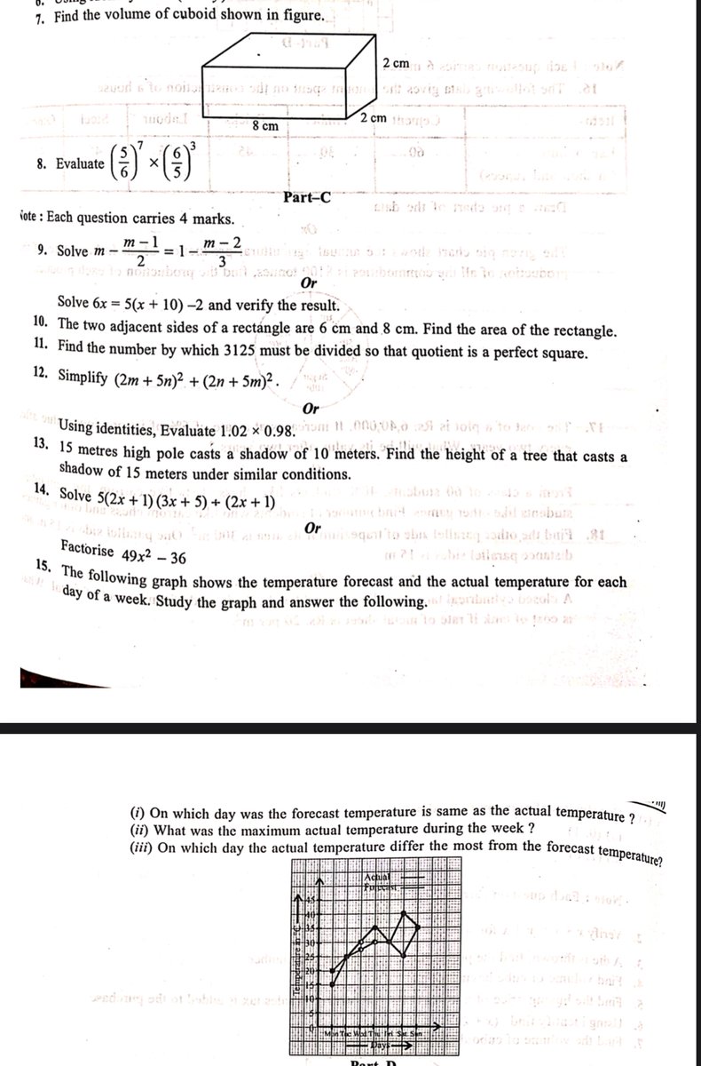 Find the volume of cuboid shown in figure. (Image of a cuboid with dimen..