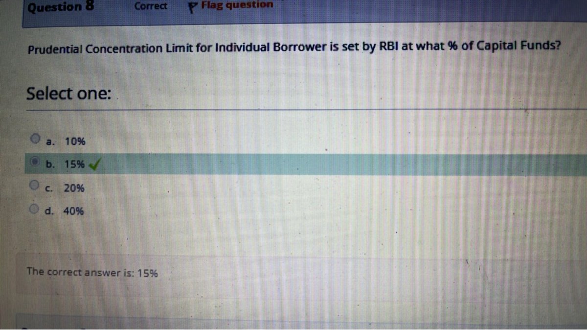 Prudential Concentration Limit for Individual Borrower is set by RBI at w..