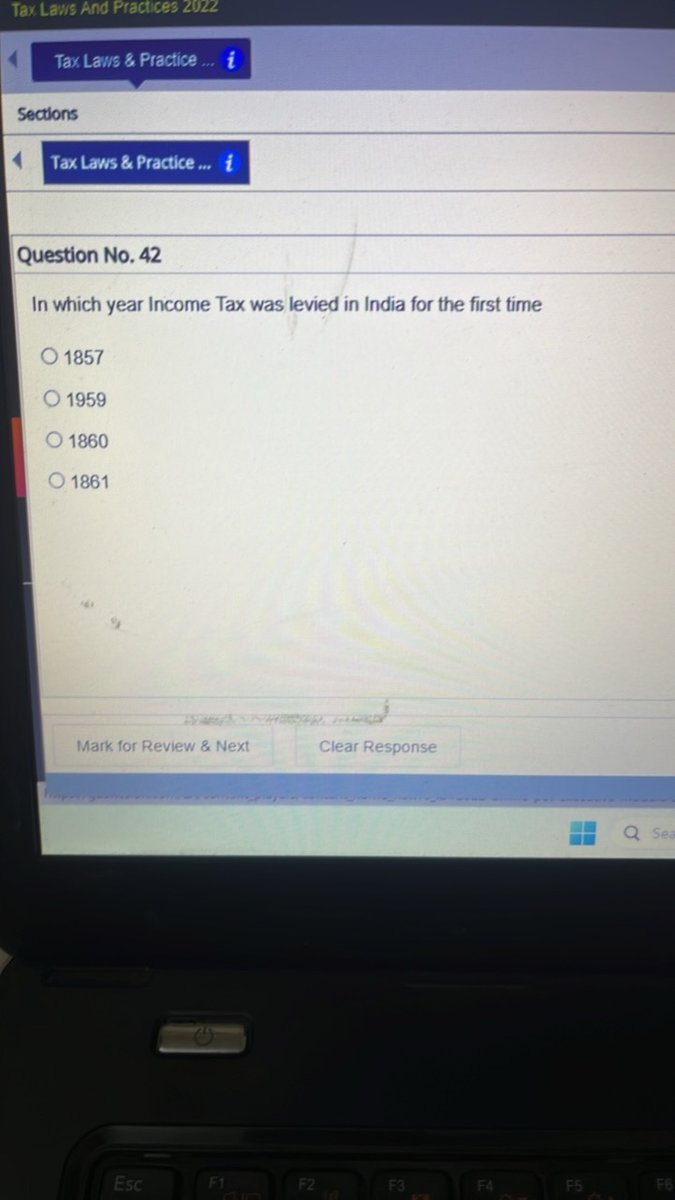 Question No. 42 In which year Income Tax was levied in India for the firs..