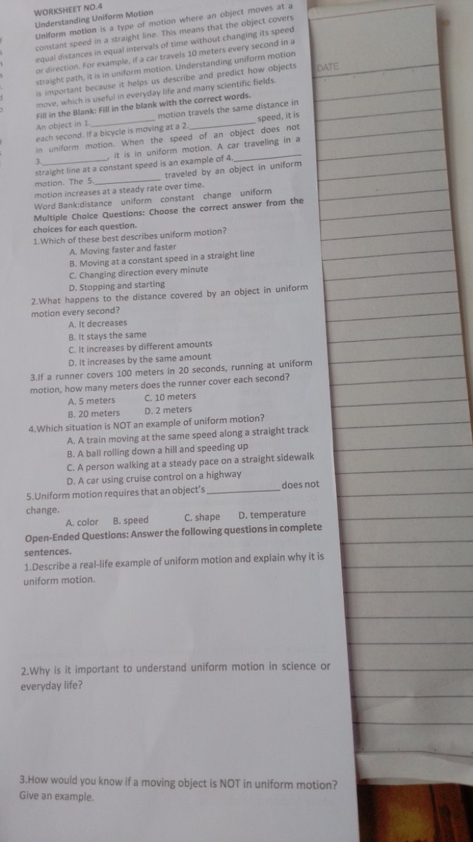 WORKSHEET NO.4 Understanding Uniform Motion Uniform motion is a type of m..