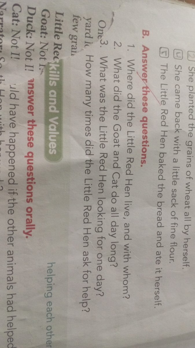 B. Answer these questions. Where did the Little Red Hen live, and with wh..