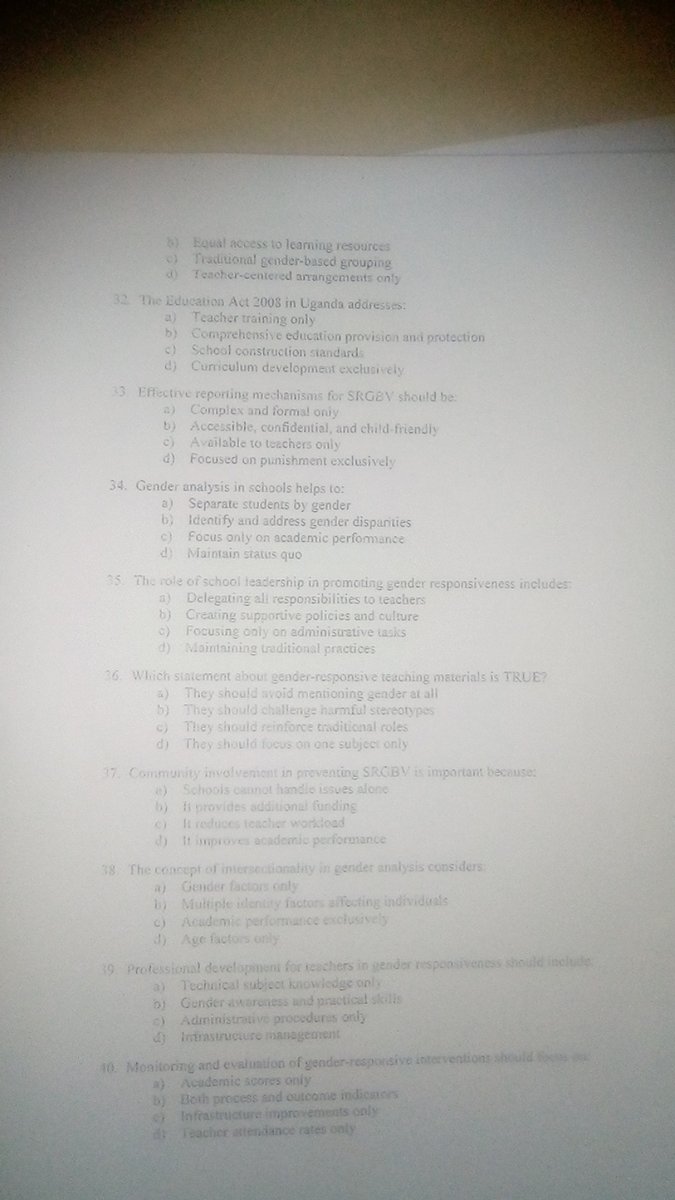 The Education Act 2008 in Uganda addresses: a) Teacher training only b) C..