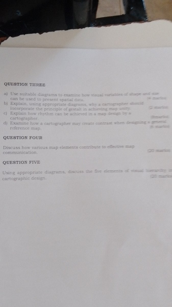 QUESTION THREE a) Use suitable diagrams to examine how visual variables o..