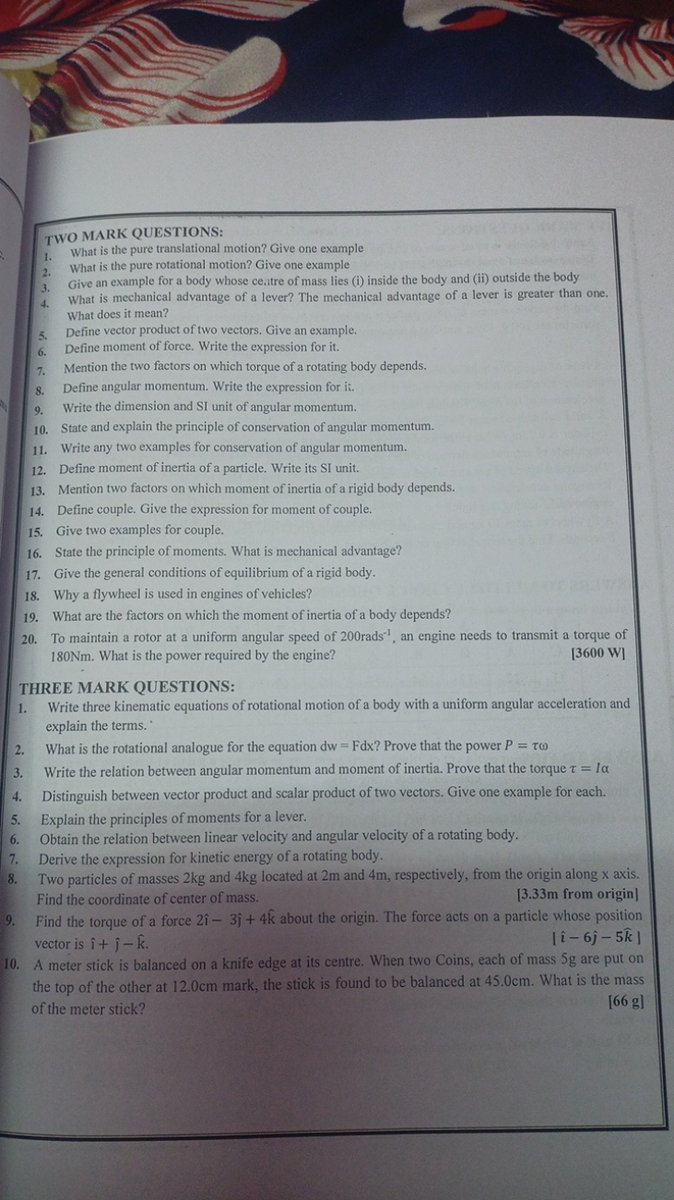 TWO MARK QUESTIONS: What is the pure translational motion? Give one examp..