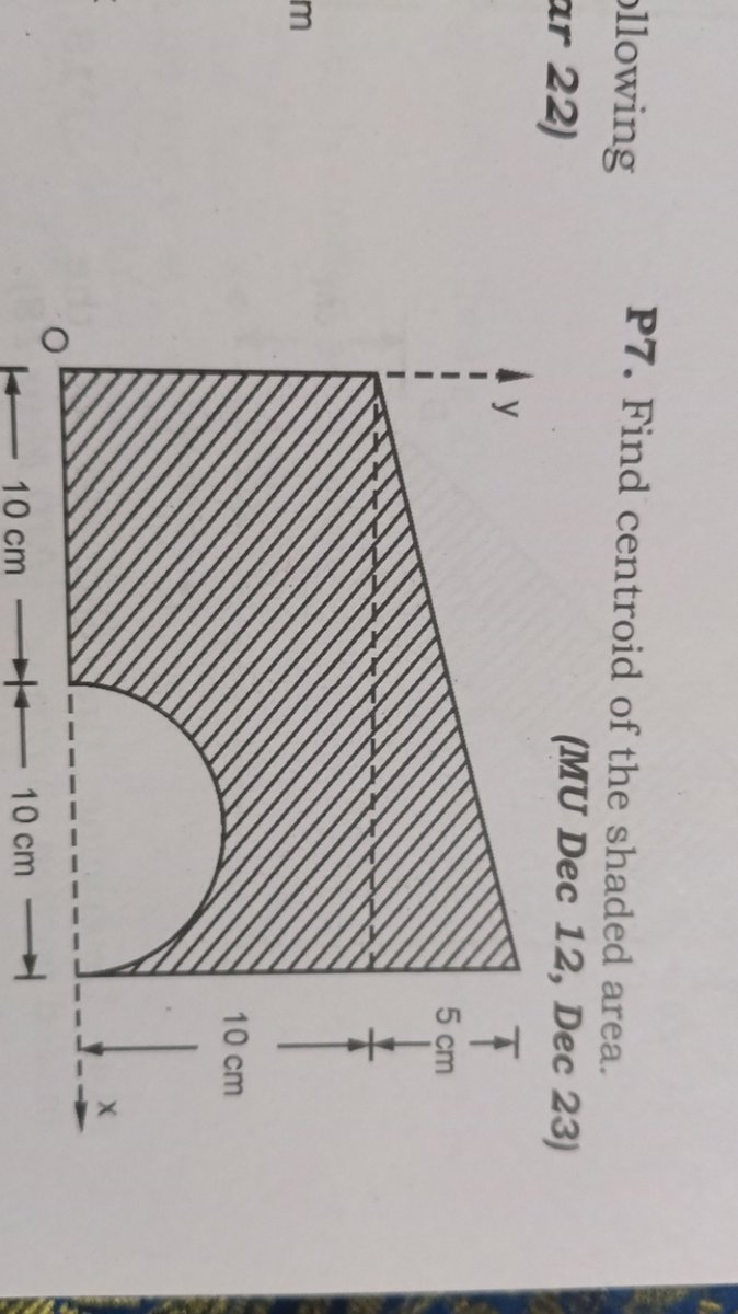 P7. Find centroid of the shaded area. (MU Dec 12, Dec 23) [Diagram show..