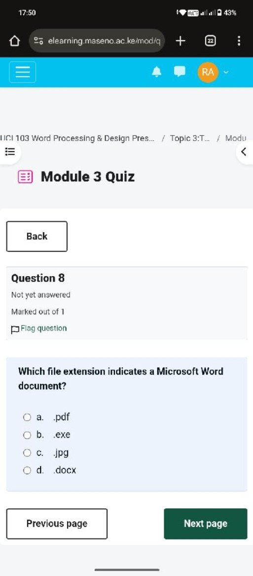Which file extension indicates a Microsoft Word document? a. .pdf b. .exe..