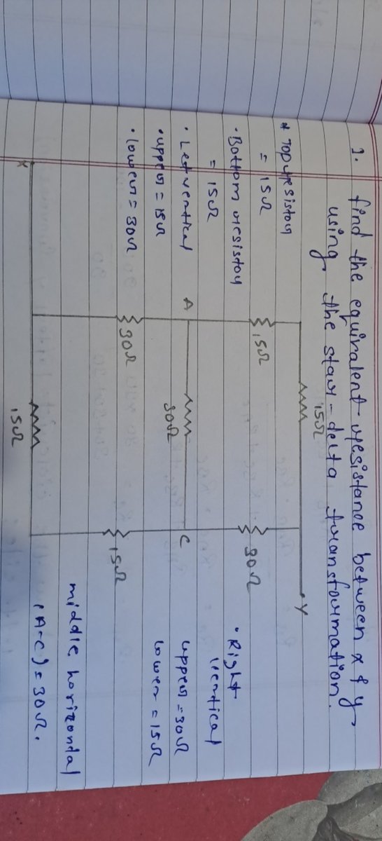 Find the equivalent resistance between x & y using the star-delta transfo..