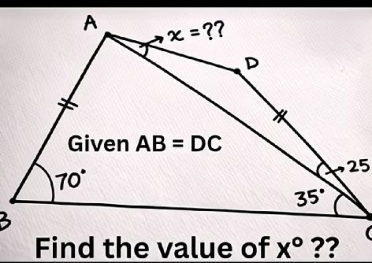 Given the diagram with the following information: AB = DC Angle ABC = 70°..