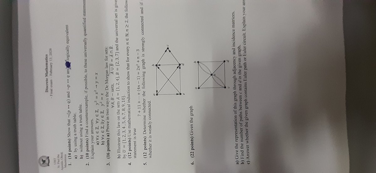 Discrete Mathematics Final exam - February 13, 2026 (14 points) Show tha..