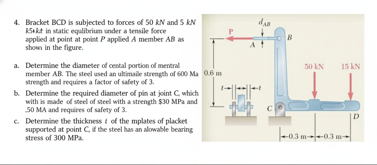Bracket BCD is subjected to forces of 50 kN and 15 kN in static equilibri..