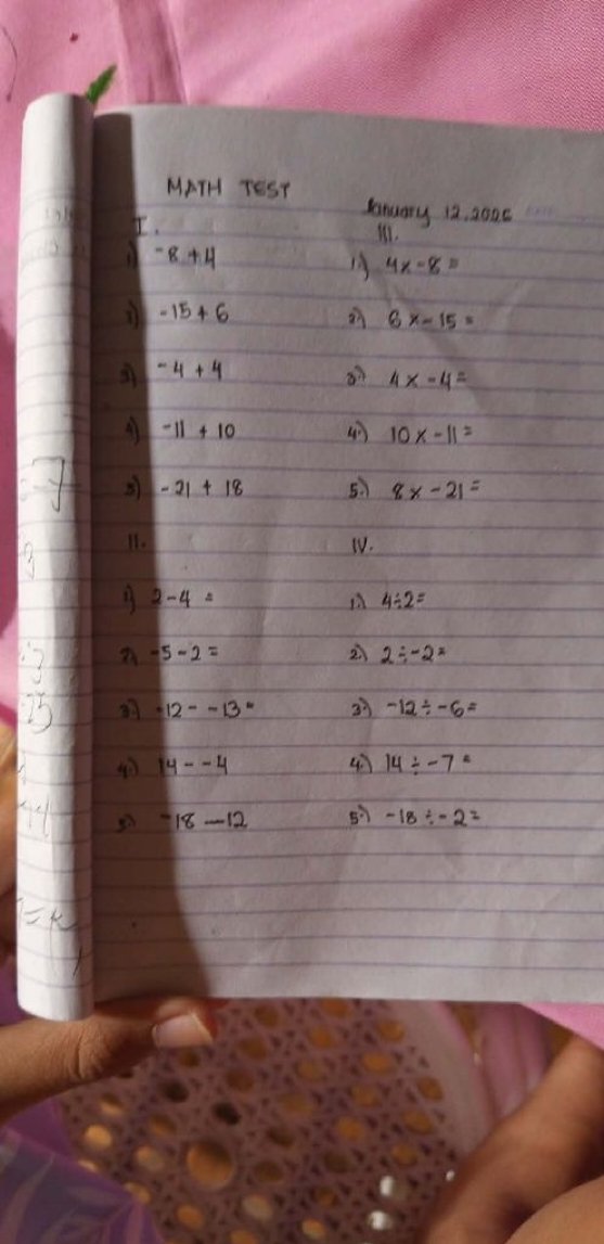MATH TEST January 12, 2006 I. 1) -8 + 4 2) -15 + 6 3) -4 + 4 4) -11 + 10..