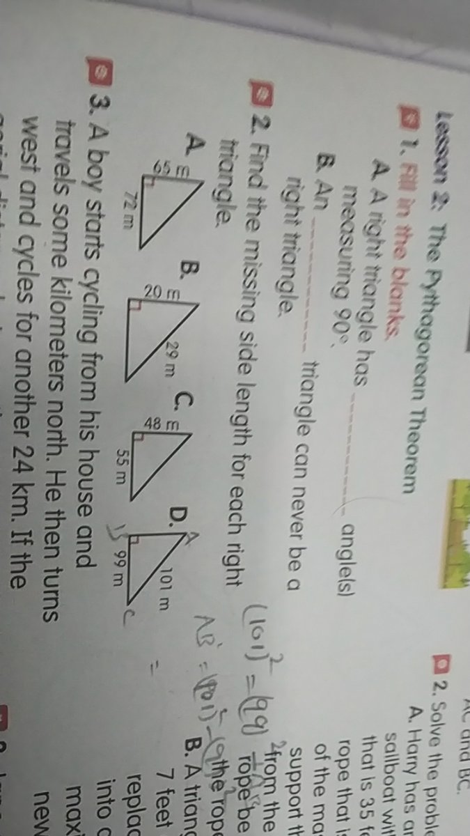 Lesson 2: The Pythagorean Theorem Fill in the blanks. A. A right tria..