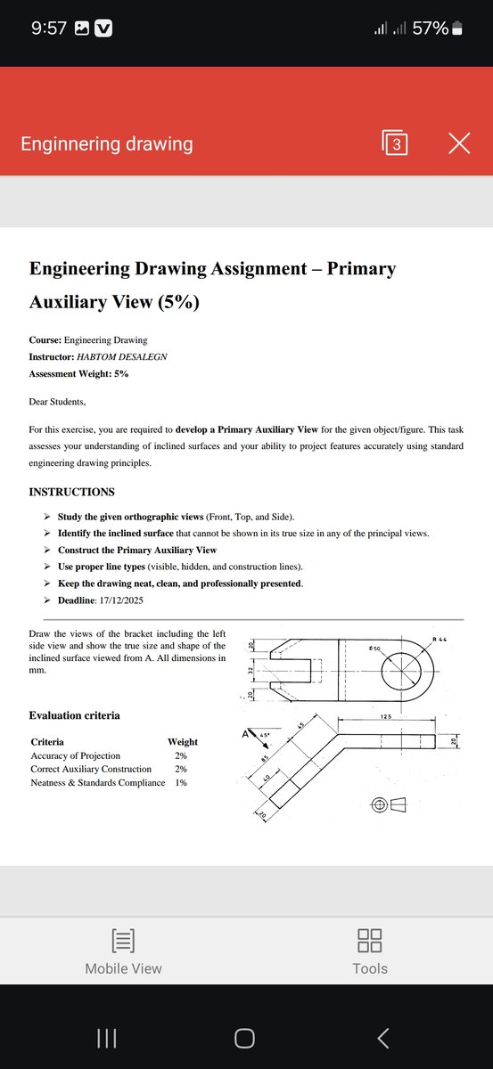 Engineering Drawing Assignment – Primary Auxiliary View (5%) Course: Eng..